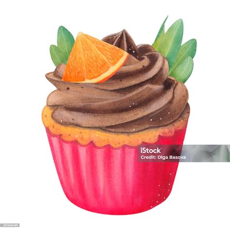 오렌지 피스타치오 가지 초콜릿 크림을 곁들인 바닐라 컵케이크 빨간색 패키지의 머핀 흰색 배경에 수채화 그림입니다 손으로 그렸습니다 엽서의 경우 갈색에 대한 스톡 벡터 아트