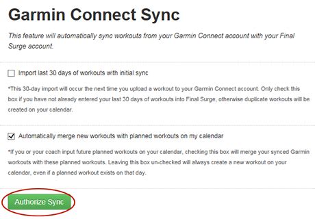Final Surge Garmin Connect Sync