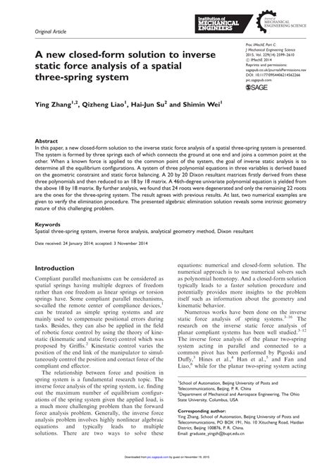 PDF A New Closed Form Solution To Inverse Static Force Analysis Of A Spatial Three Spring System
