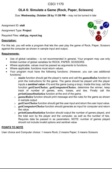 solved csci 1170 ola 6 simulate a game rock paper