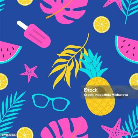 해변 용품과 과일이 있는 여름 매끄러운 패턴 수박 선글라스 아이스크림 파인애플 열대 잎 레몬 가리기에 대한 스톡 벡터 아트 및 기타 이미지 Istock