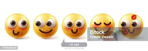 이모티콘 수줍은 이모티콘 문자 벡터 세트입니다 이모티콘 이모티콘은 사랑에 빠진 표정 행복 홍당무 미소 키스 얼굴 캐릭터 컬렉션입니다 3차원 형태에 대한 스톡 벡터 아트 및