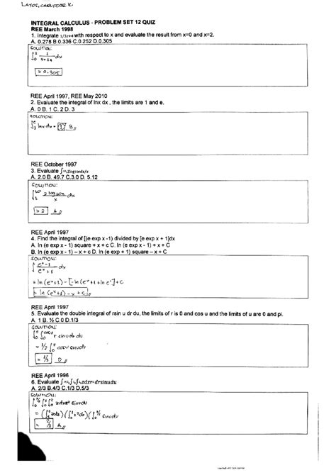 Integral Calculus Problem Set 12 Quiz BS Electrical Engineering NVSU Studocu