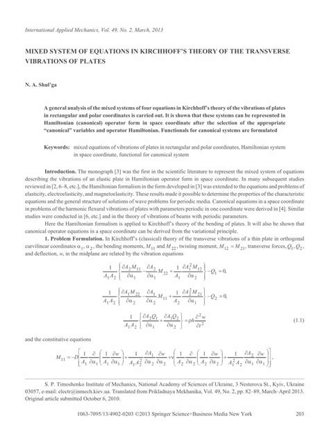 Pdf Mixed System Of Equations In Kirchhoffs Theory Of The Transverse Vibrations Of Plates