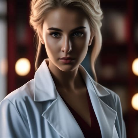 A Scientist Girl In A White Coat Blonde Hair Tied Up In A Bun In An