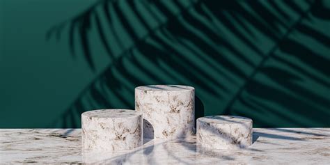 녹색 벽 장면 잎 그림자가있는 짙은 녹색 벽 장면의 흰색 테라 조 연단 제품 프리젠 테이션을위한 화장품 배경 미니멀리스트 모양 패션 잡지3d 일러스트 레이 션 3d 렌더링