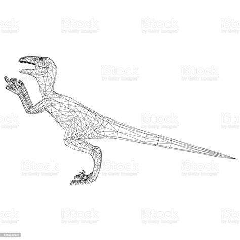 흰색 배경에 검은 선으로 만든 공룡 와이어 프레임 발과 날카로운 발톱으로 성난 공룡 측면 보기입니다 3d 벡터 일러스트레이션 3차원 형태에 대한 스톡 벡터 아트 및 기타