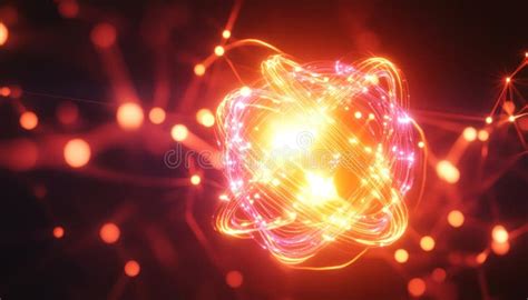 Bright Atomic Nucleus Rotating With Electrons And Connections In Red