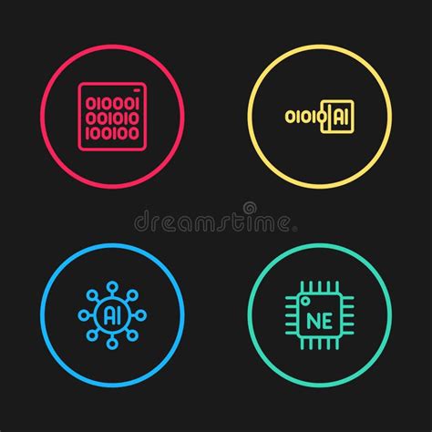 Set Line Neural Network Processor CPU Binary Code And Icon Vector Stock Vector Illustration