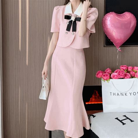 여성 정장 인어라인 롱스커트 리본 트위드 크롭 숏 자켓 투피스 세트 3color 에이블리