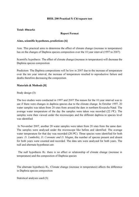 Practical Chi Square Assignment Daphnia BIOL UKZN Studocu