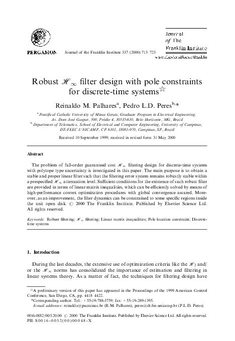 Pdf Robust H∞ Filter Design With Pole Constraints For Discrete Time