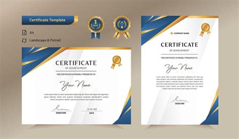 수상 비즈니스 및 교육 요구에 대한 성취 템플릿의 블루 및 골드 인증서 프리미엄 벡터
