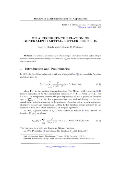 Pdf On A Recurrence Relation Of Generalized Mittag Leffler Function