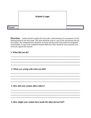 Reflection Sheet Behavior Management Teaching Resources