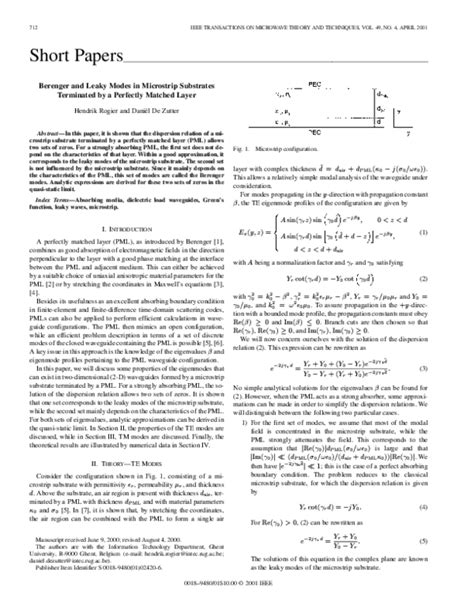 Pdf Berenger And Leaky Modes In Microstrip Substrates Terminated By A Perfectly Matched Layer
