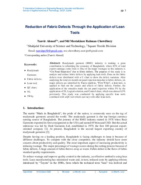 Pdf Reduction Of Fabric Defects Through The Application Of Lean Tools