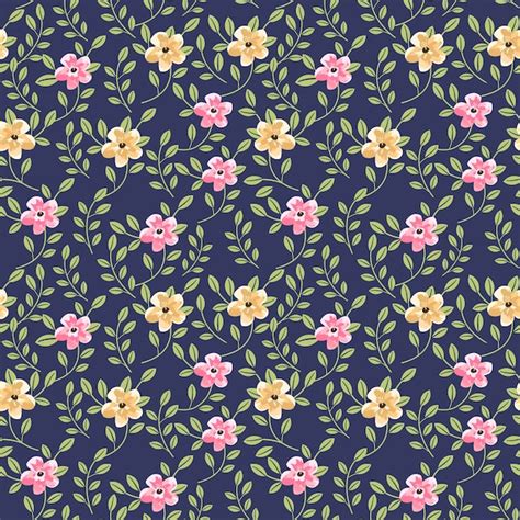 파란색 배경 위에 사랑스러운 꽃 원활한 패턴 프리미엄 벡터