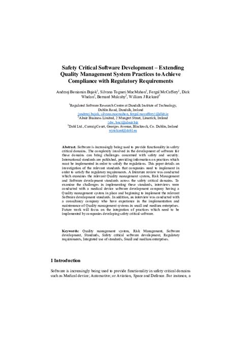Pdf Safety Critical Software Development Extending Quality Management System Practices To