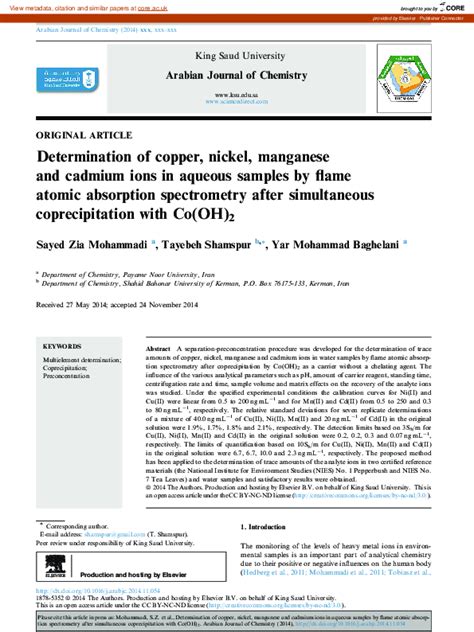 Pdf Determination Of Copper Nickel Manganese And Cadmium Ions In Aqueous Samples By Flame