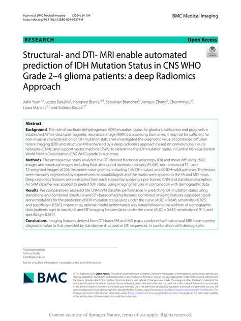 Pdf Structural And Dti Mri Enable Automated Prediction Of Idh Mutation Status In Cns Who