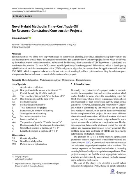 Pdf Novel Hybrid Method In Time Cost Trade Off For Resource Constrained Construction Projects