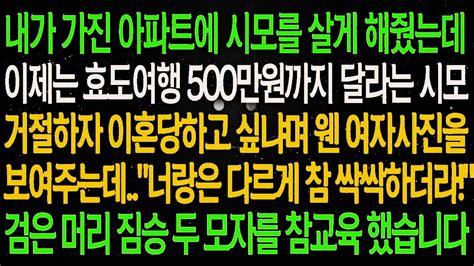 내 아파트에 시모를 살게해줬는데 이제는 효도여행 500만원까지 달라는 시모거절하자 이혼당하고 싶냐며 웬 여자사진을 보여주네요 정신나간 두모자 참교육하는데실화사연