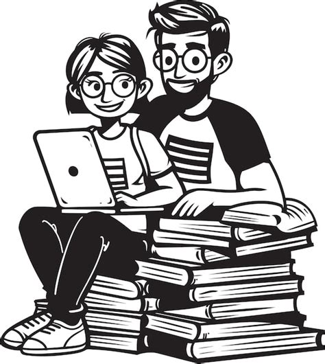 Couples Coding Together Laptop On Stack Of Books With Vector Black Logo Literary Lounge Couple