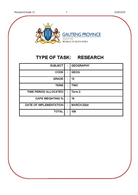 Research Task Grade 12 2024 Type Of Task Research Subject