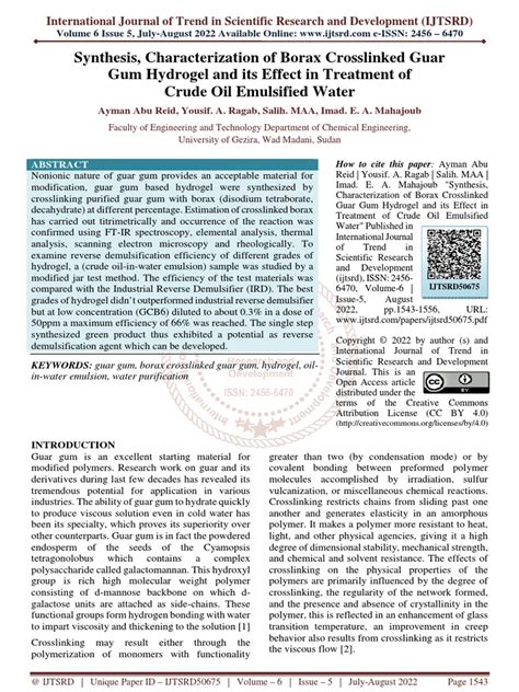 Synthesis Characterization Of Borax Crosslinked Guar Gum Hydrogel And