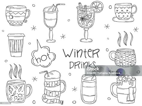 하얀 배경에 따뜻한 겨울 음료 세트 낙서 스타일의 벡터 일러스트레이션 겨울 분위기 안녕하세요 2023 메리 크리스마스와 새해 복 많이 받으세요 멀드 와인에 대한 스톡 벡터