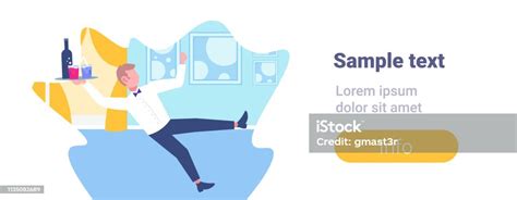 트레이 와인 잔으로 떨어지는 웨이터 우아한 남자 서비스 직원 고장 사고 개념 현대 레스토랑 인테리어 평면 수평 전체 길이 복사 공간 떨어짐에 대한 스톡 벡터 아트 및 기타