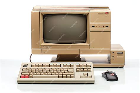 A Vintage Beige Computer With A Monitor Keyboard And Mouse On A White Background Without A