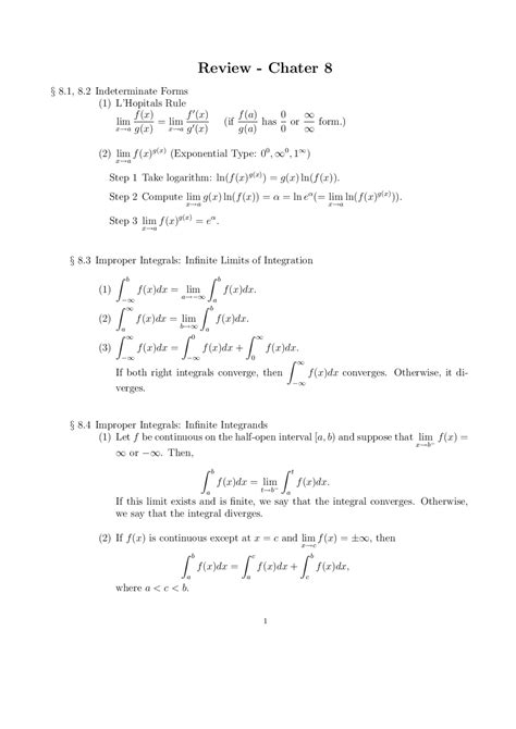 chapter 8 review sheet calculus ii math 166 docsity