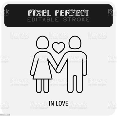 발렌타인 데이 사랑에 커플 소녀와 소년은 그들 사이에 손과 마음을 잡고있다 얇은 선 아이콘입니다 픽셀 완벽 편집 가능한 스트로크