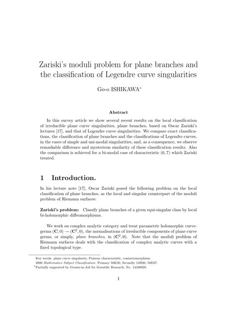 Pdf Zariskis Moduli Problem For Plane Branches And The Classification Of Legendre Curve