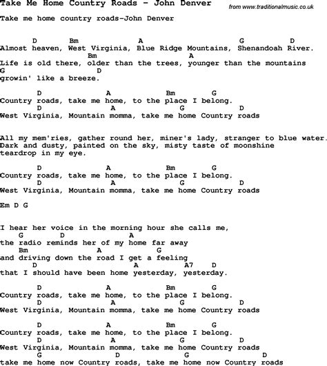 Song Take Me Home Country Roads By John Denver Song Lyric For Vocal