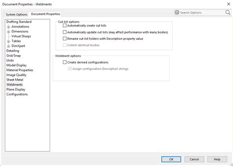 SOLIDWORKS Weldment Document Properties