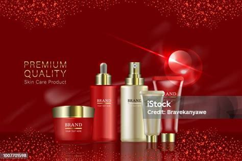 미용 제품 광고 배경으로 빨간색과 금색 화장품 용기 사용 럭셔리 스킨 케어 광고 준비 개념에 대한 스톡 벡터 아트 및 기타 이미지 개념 개체 그룹 건강관리와 의술