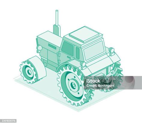흰색 배경에 고립된 아이소메트릭 트랙터 뒤로 보기 Outline 개체 현장 조사를 위한 대형 중장비 현대식 농업용 트랙터 3차원 형태에 대한 스톡 벡터 아트 및 기타 이미지