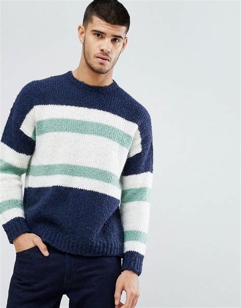 Asos Knitted Sweater With Blocked Stripes In Navy Asos Asos Striped