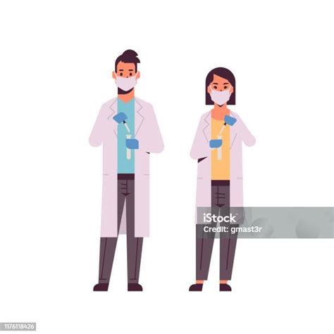 실험실 연구 과학 화학 개념 수평 전체 길이에서 실험을 만드는 플라스크 연구원과 함께 균일 한 작업에서 시험관 남자 여자를 들고 과학자 커플 가공의 인물에 대한 스톡 벡터