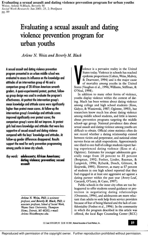 Pdf Evaluating A Sexual Assault And Dating Violence Prevention Program For Urban Youths