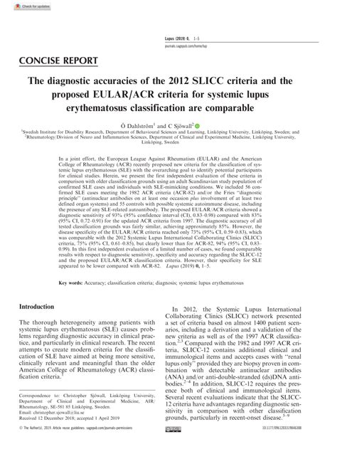 Pdf The Diagnostic Accuracies Of The 2012 Slicc Criteria And The Proposed Eular Acr Criteria