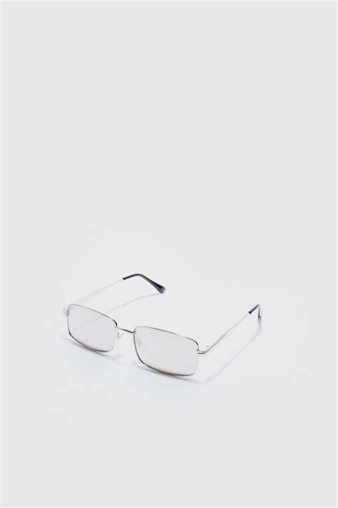 Metal Rectangular Sunglasses In Silver Boohoo