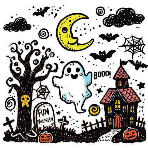 Spooky Hand Drawn Halloween Doodles With Halftone Effect Ghost Haunted