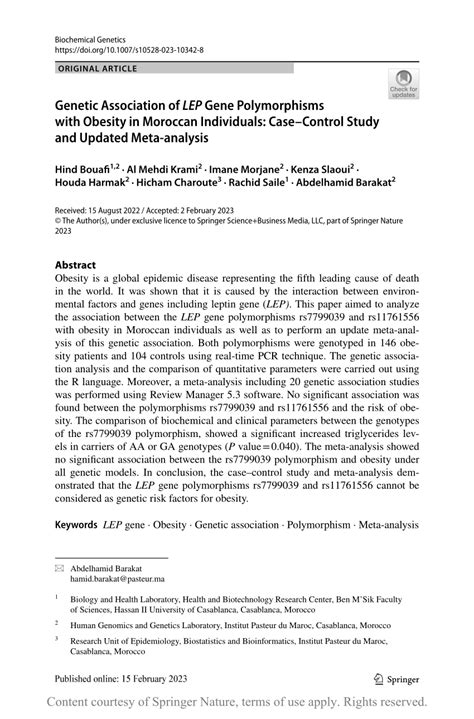 Genetic Association Of Lep Gene Polymorphisms With Obesity In Moroccan Individuals Casecontrol