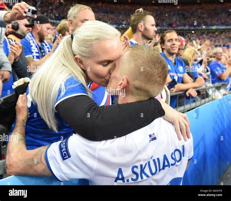 Saint Denis France 03rd July 2016 Icelands Ari Freyr Skulason Kisses His Wife Erna During