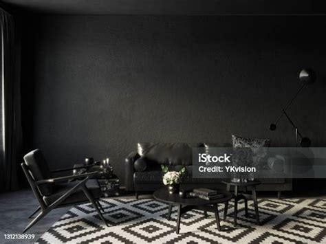 소파 안락의자 커피 테이블 카펫 장식이 있는 블랙 인테리어 3d 렌더링 그림 모의 0명에 대한 스톡 사진 및 기타 이미지 Istock