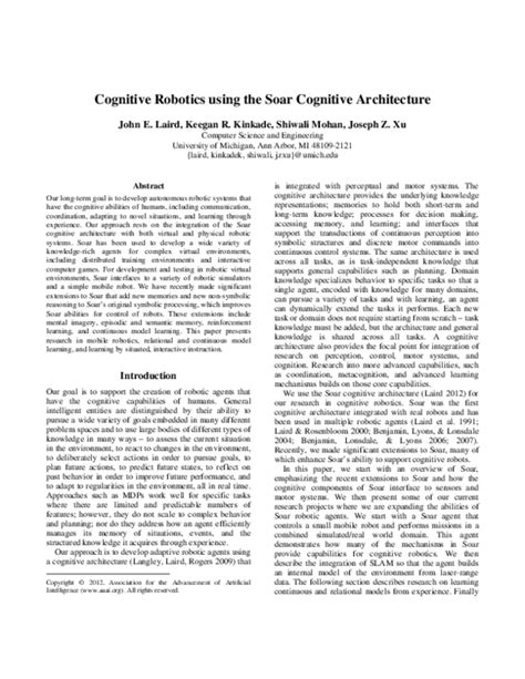 Pdf Cognitive Robotics Using The Soar Cognitive Architecture